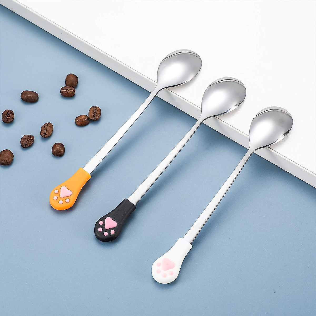 6 Pieces Dog Cat Can Food Spoon Pet Stainless Steel Food Spoon with Cute Cat Claw Silicone Handle (White, Black, Orange)