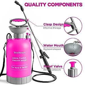 Pump Sprayer Set 1.35 Gallon, ThinkLearn Pressure Sprayer in Lawn & Garden, with Gloves, Measuring Cup and Spare Parts, Portable Hand Sprayer for Yard, Plant Water and Cleaning, 5L Pink