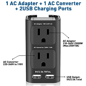 Voltage Converter 220V to 110V, 2000W Travel Adapter Global Power Adapter with 2 USB Ports and EU/UK/AU/US Plug Adapter