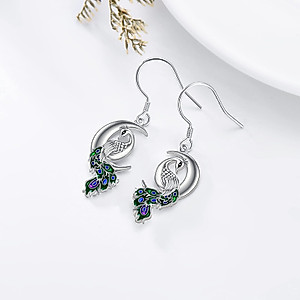 Peacock Moon Dangle Earrings 925 Sterling Silver Crescent Half Moon Peafowl Drop Dangling Earrings Jewelry Gifts for Women