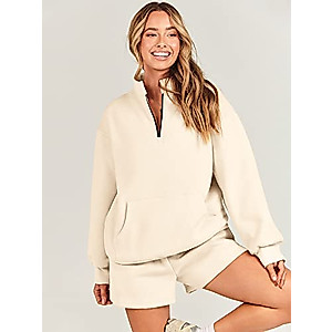 ANRABESS Women Two Piece Outfits 2023 Fall Clothes Set Sweatsuit Oversized Half Zipper Fleece Sweatshirt Casual Comfy Short Lounge Matching 1030mibai-S
