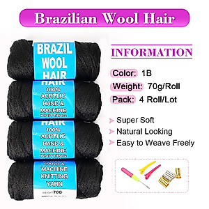 100% Brazilian Wool Hair Acrylic Yarn for African Braids/Senegalese Twist/Faux Locs/Wraps with Crochet Hook(4 Roll, Natural Black)