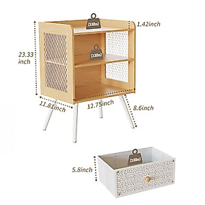 Nightstand, Bedside Table with Metal Drawers, End Table with Open Shelf, 2-Tier Open Adjustable Metal Floral Drawer Night Stand for Sofa Side Table, Bedroom Bedside Table, Maple White