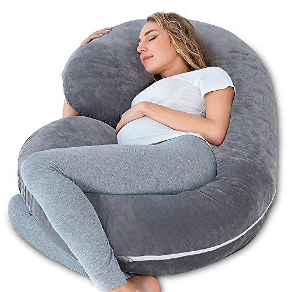 INSEN Pregnancy Pillows, C Shaped Pillows for Sleeping Support, Maternity Body Pillow Pregnant Women with Removable Velvet Cover, Gray, 58 Inch