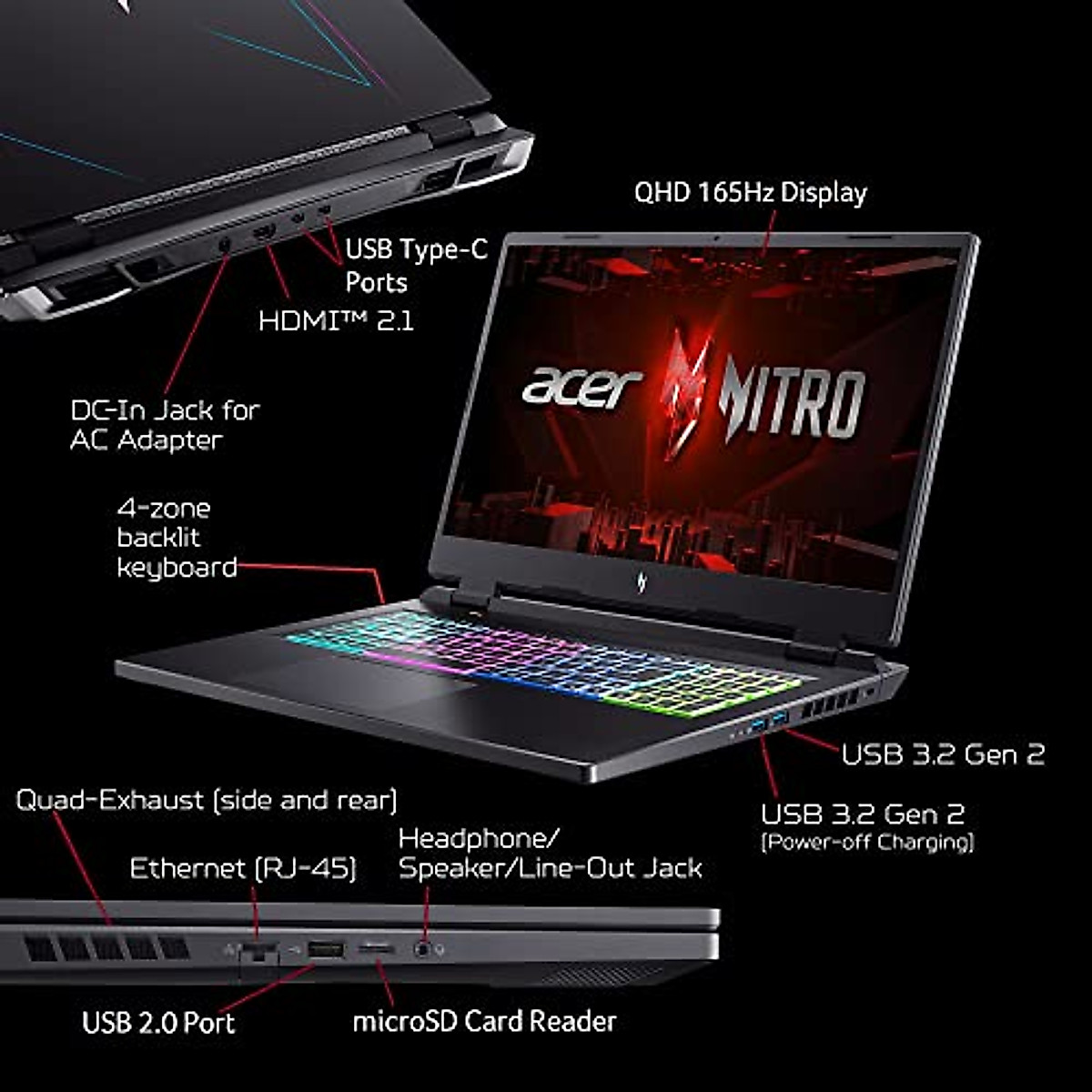 acer Nitro 17 Gaming Laptop | AMD Ryzen 7 7840HS Octa-Core CPU | NVIDIA GeForce RTX 4060 Laptop GPU | 17.3" QHD 165Hz IPS Display | 1TB Gen 4 SSD | Wi-Fi 6E | RGB Backlit KB | AN17-41-R7G3, Black