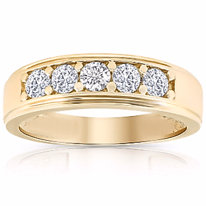 10k Yellow Gold 1 Ct T.W. Round-Cut Five Stone Elegant Diamond Wedding Band Ring for Him Anniversary High Polished Band
