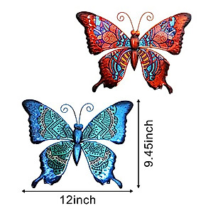 HONGLAND Metal Butterfly Wall Decor Indoor Outdoor Wall Art Metal Glass Butterfly Sculptures 2 Pack for Home Garden Fence Patio