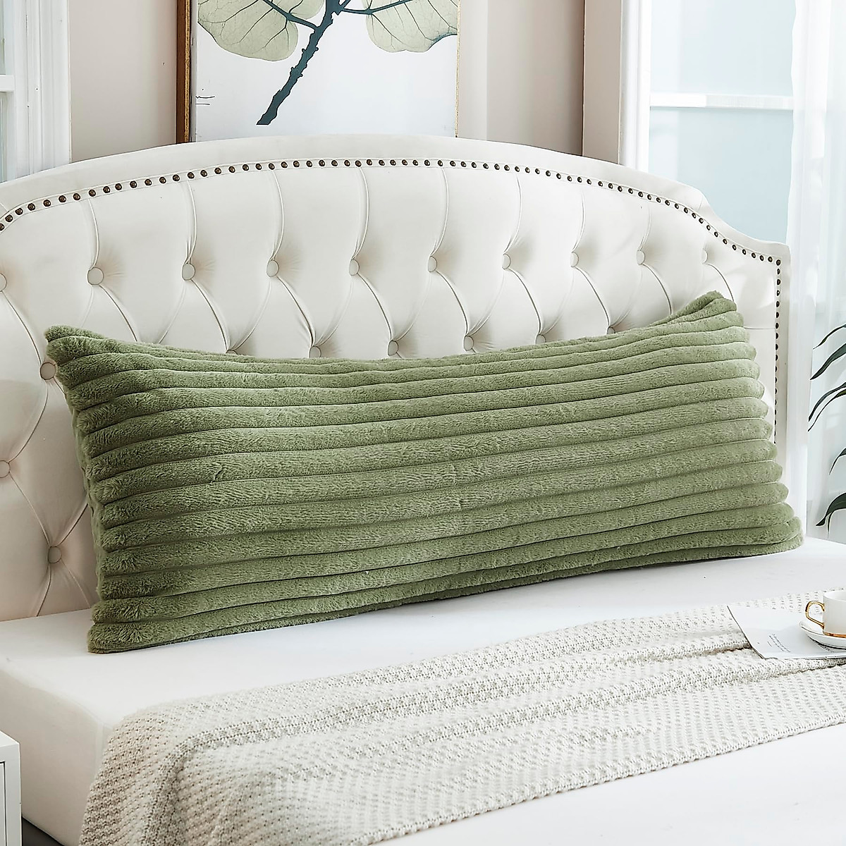 Yaoshuho Furry Faux Rabbit Fur Body Pillow Case Cover, Luxury Plush Striped Body Pillowcase with Zipper, Decorative Velvet Long Body Pillow 21 x 54 Inches, Sage Green