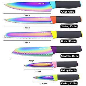 KNIFAST Kitchen Knife set Rainbow Titanium Coated - 12 Pcs Knife Set with Blade Guards, Dishwasher Safe, Razor Sharp German Stainless Steel Blade and Comfortable Handle