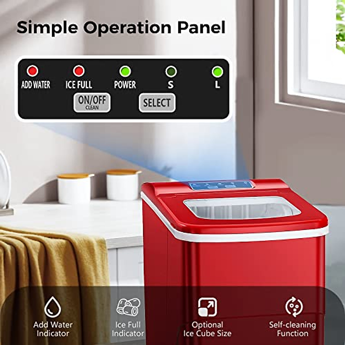 AGLUCKY Ice Makers Countertop with Self-Cleaning, 26.5lbs/24hrs, 9 Cubes Ready in 6~8Mins, Portable Ice Machine with 2 Sizes Bullet Ice/Ice Scoop/Basket for Home/Kitchen/Office/Bar/Party, Red
