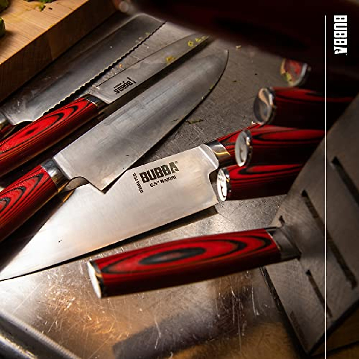 BUBBA Kitchen Knife Set for all your kitchen cutting needs with G10 Handles, Premium German Stainless Steel and a Parawood Knife Block.