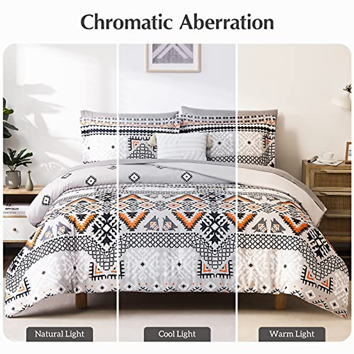 CASAAGUSTO Queen Comforter Set, 8 Pieces Gray Orange Boho Comforter Set, Microfiber Cozy Bohomian Bedding Set with Decor Pillow, Lightweight Breathable for All Seasons
