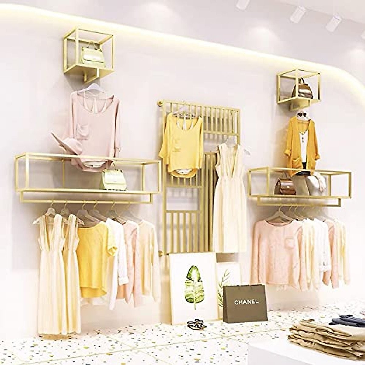 MDEPYCO Creative Square Display Garment Racks in Boutique Clothing Stores, Wall-Mounted Hanging Clothes Shelf in Home, Towel Racks for Bathroom Storage Shelves (Gold, 11.8" L)