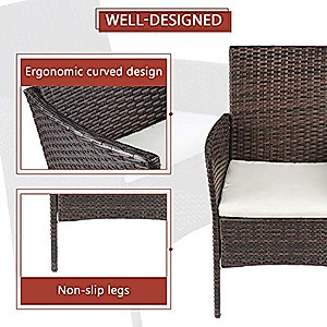 Cemeon 3-Piece Patio Bistro Set Outdoor Conversation Set, Brown Wicker Porch Chairs Set Garden Furniture with Coffee Table (Beige Cushion)