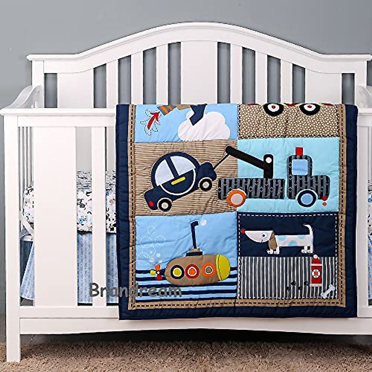 Brandream Boys Fire Truck Pillow & 3Pcs Cars Baby Crib Bedding Set with Patchwork Rocket Submarine