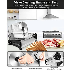 TOKASS Meat Slicer, 200W Electric Slicer For Home Use with 2pcs 7.5'' Stainless Steel Blades, Electric Deli food Slicer, Adjustable Thickness for Meat, Cheese, Bread, Easy Clean (200W-Bright Silver)