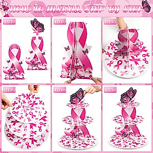 Cholemy Breast Cancer Awareness Party Decoration 3 Tier Round Cardboard Cupcake Stand Pink Ribbon Dessert Cupcake Decoration Cancer Awareness Serving Tray for Women Breast Cancer Survivors Gift