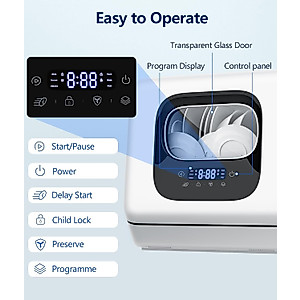 Joy Pebble Countertop Dishwasher, 28 Pieces Dishes/Cycle, 6 Washing Programs&Hot Drying, Dish Washer with 360°Dual Spray, with Child Lock&Delayed Start, Portable Dishwasher for Apartment/RV/Dorm