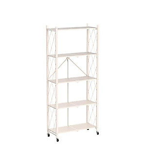 Letusto Foldable Collapsible Shelf with Wheels & Breaks - Folding Shelf Heavy Duty Metal Frame Pantry Shelving Unit - Origami Bookcase - No Assembly Bookshelf (White, 5 Tier)