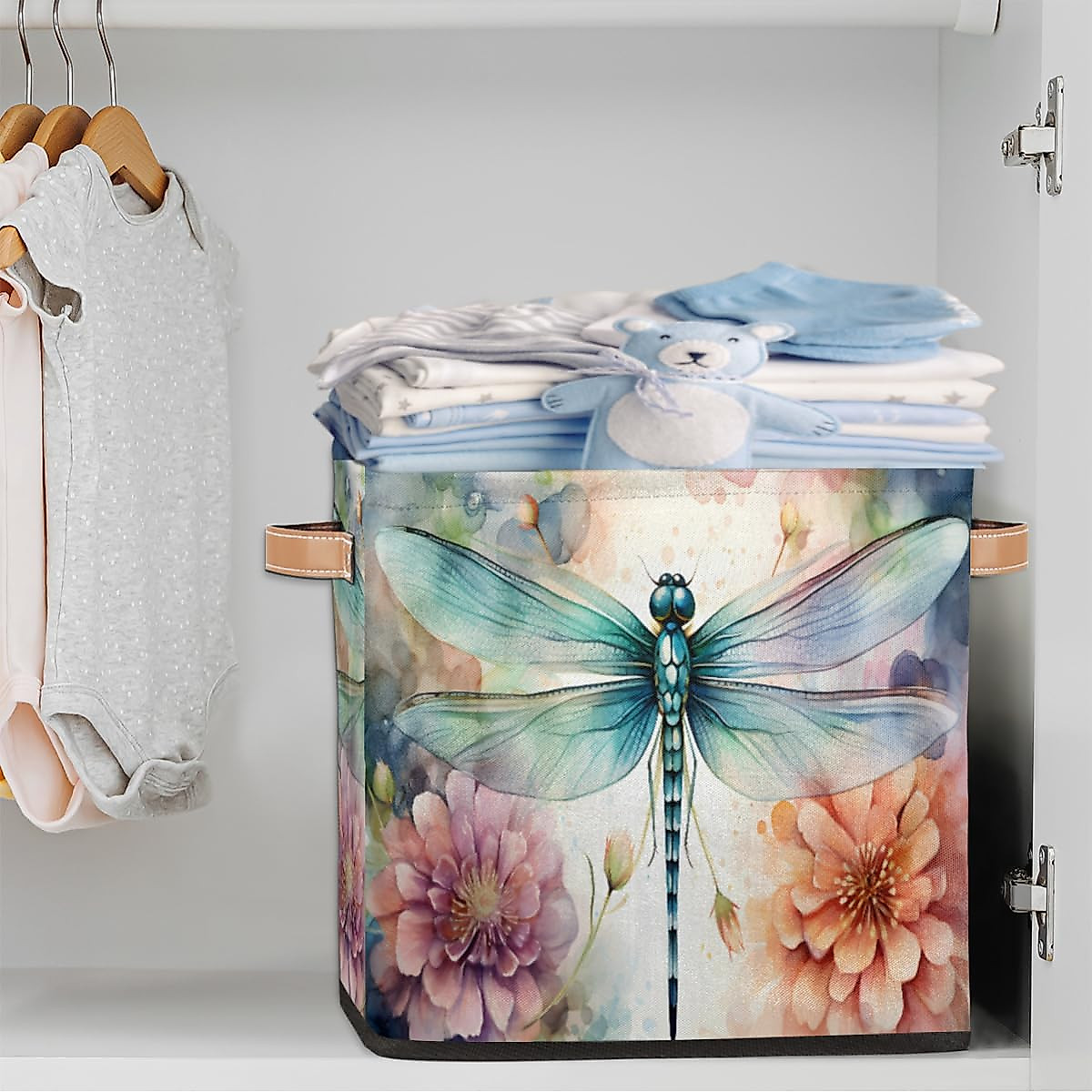 Tablerazzi Floral Dragonfly Cube Storage Bin, 13 Inch Collapsible Fabric Storage Cube Bin, Foldable Cube Baskets for Shelf, Closet, Organizer