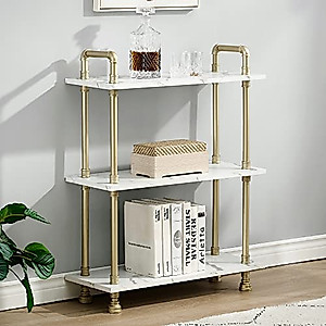 ivinta 3 Tier Bookshelf, White Marble Wood Bookcase with Gold Metal Pipe Frame, Home Décor Display Rack for Living Room, Modern Open Etagere Shelf Stand, Small Storage Organizer Shelf, Easy Assembly