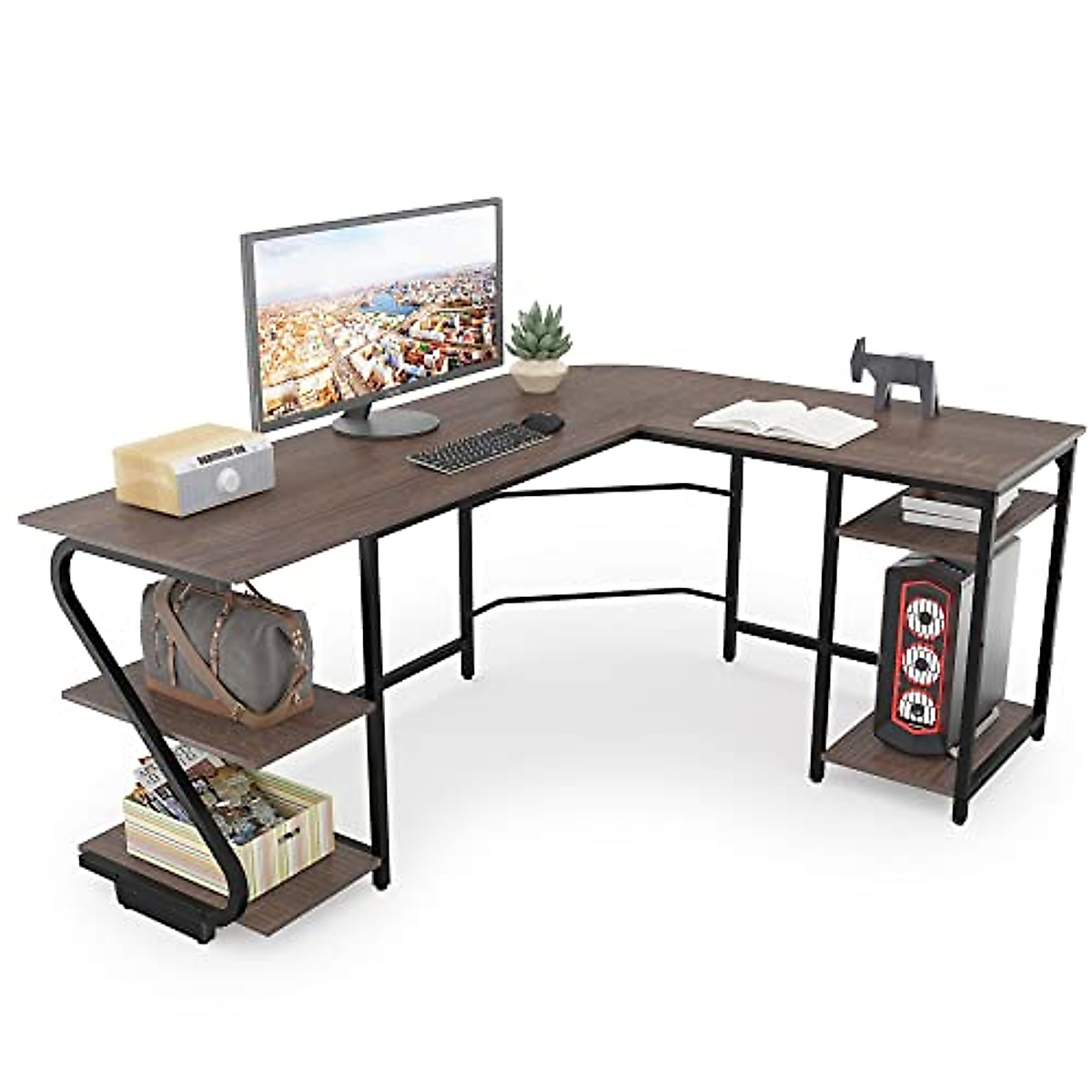 Merronix L Shaped Computer Desk with Shelves, Reversible Gaming Corner Desk, Modern Home Office Desk PC Workstation Space Saving, Dark Brown