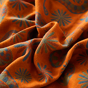 Softta Vintage Paisley Pattern Bedding Set Queen Size 3Pcs Duvet Cover Set 100% Washed Cotton Double-Layer Yarn Washed Cotton Bedding Collection Blue & Orange