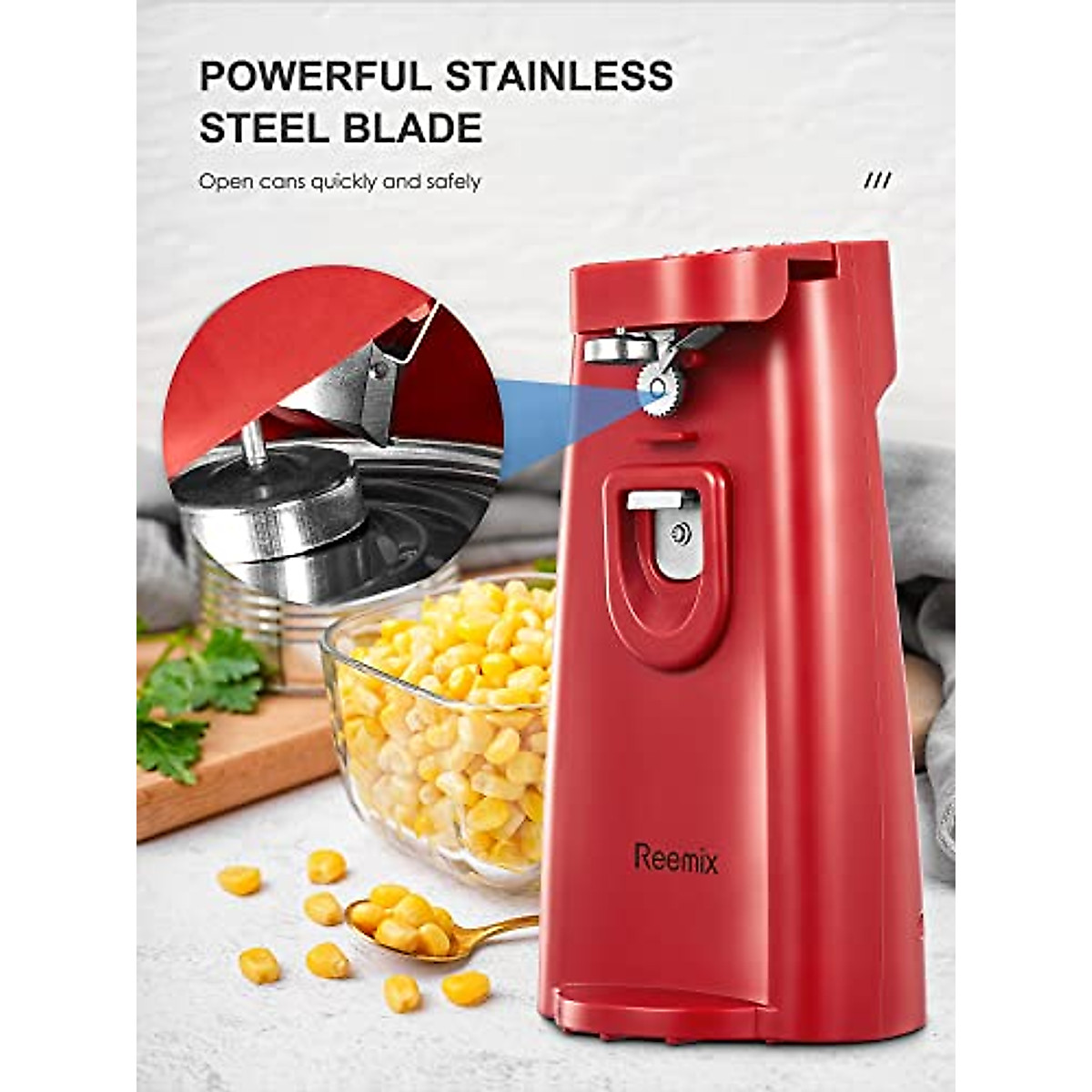Electric Can Opener, Reemix Automatic Can Opener with Knife Sharpener and Bottle Opener 3 in 1, Easy Push Down Lever (Red)