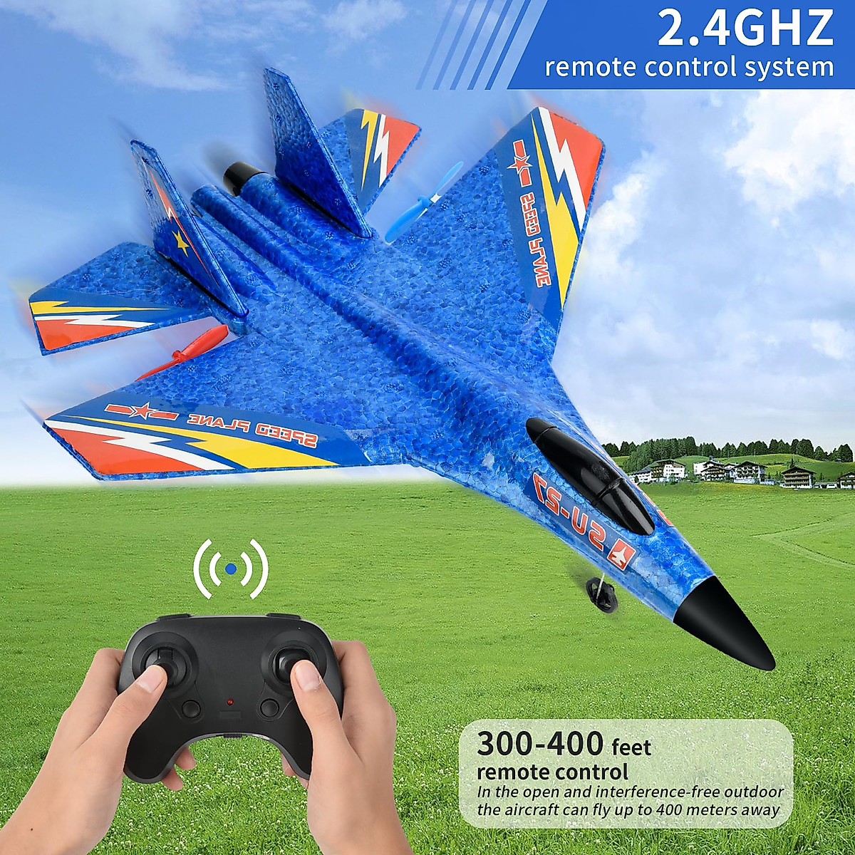 YIDJOFJ RC Gravity Gliders Airplane, Remote Control Plane Su-27 RC Airplane-2.4Ghz 6-axis Gyro RC Airplane with Light Strip, 2 Batteries Easy to Fly Jet Fighter Toy Gift for Kids Beginner (Blue)