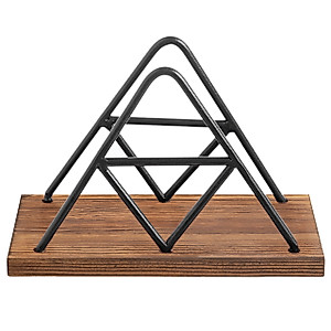 MyGift Matte Black Metal Wire Triangle Napkin Holder with Rustic Burnt Solid Wood Base, Tabletop Geometric Serviette Dispenser Rack - Holds up to 100 Paper Napkins