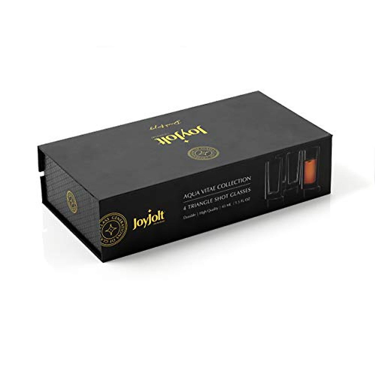 JoyJolt Aqua Vitae Shot Glass Set of 4. Crystal Shot Glasses, Triangle Clear Shot Glasses Set with Off Set Base. 1 – 2 oz Cups for Tequila, Limoncello, Vodka or Aperitif. Fun Christmas Gifts