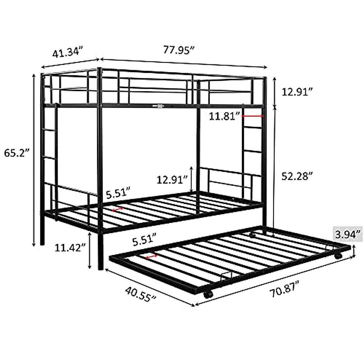 Metal Bunk Bed with Trundle Twin Over Twin Modern Bunk Beds with Slats Heavy Duty Bunkbed Frame for Adults,Teens,Boys and Girls. (Black)