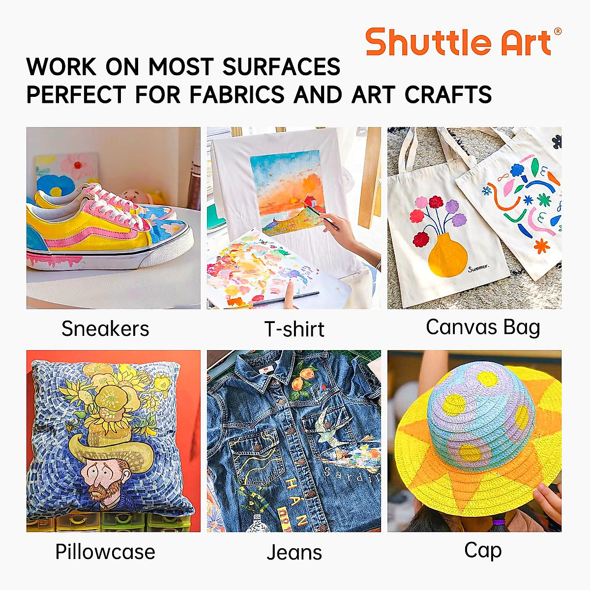 Fabric Paint, Shuttle Art 30 Colors Permanent Soft Fabric Paint in Bottles (60ml/2oz) with Brushes, Palette, Stencils, Non-Toxic Textile Paint for T-shirts, Shoes, Jeans, Bags, DIY Projects&Art Crafts