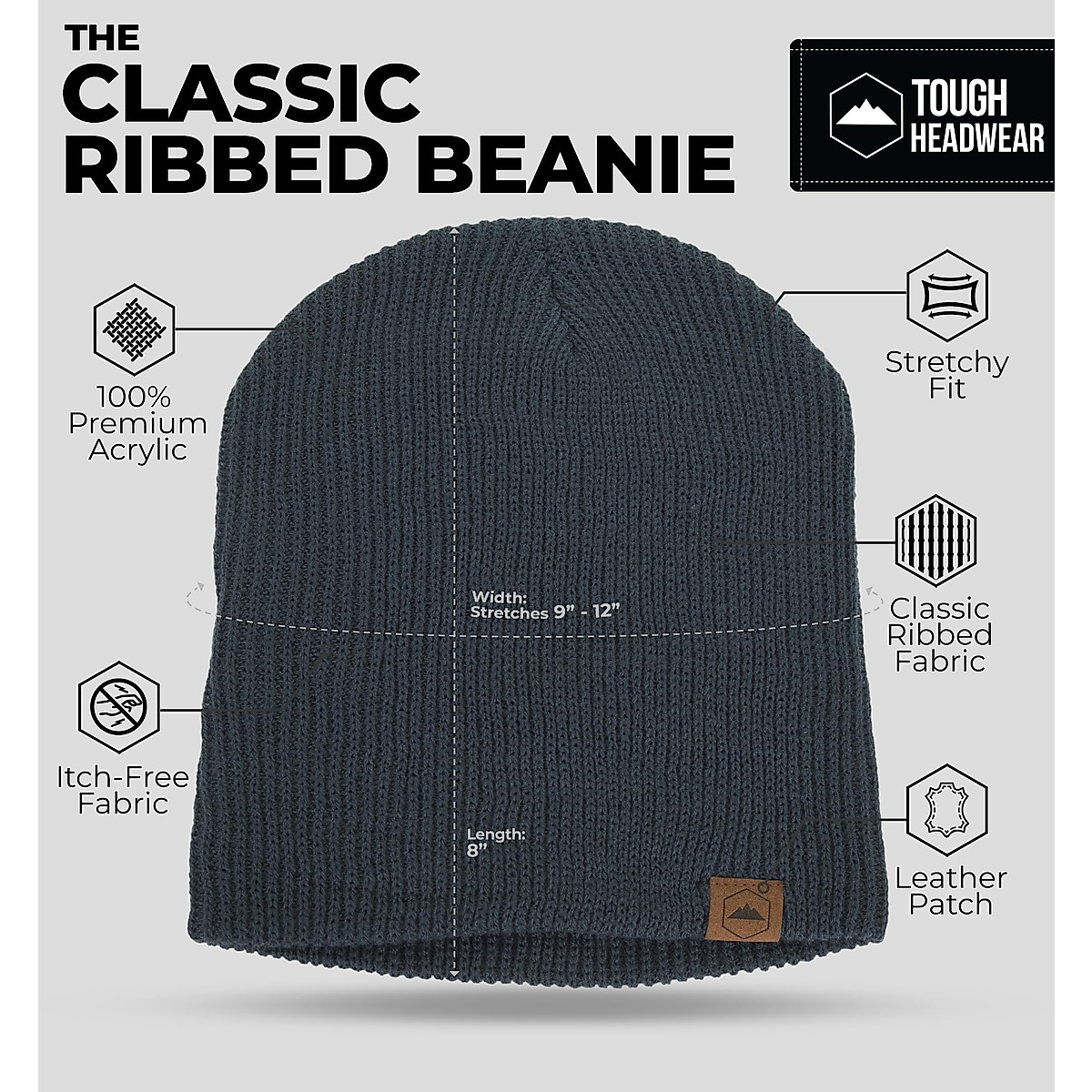 Daily Knit Ribbed Beanie by Tough Headwear - Warm, Stretchy & Soft Beanie Hats for Men & Women - Year Round Comfort - Serious Beanies for Serious Style,Dark Gray,OSFM