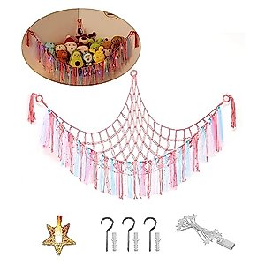 Kopduki 59 in Stuffed Animal Hammock with Stars-Light, Stuffed Animal Storage, Teddy Bear Hammock with Tassel & Hooks for Nursery Room, Corner Mesh Toy Hammock for Stuffed Animals for Playroom