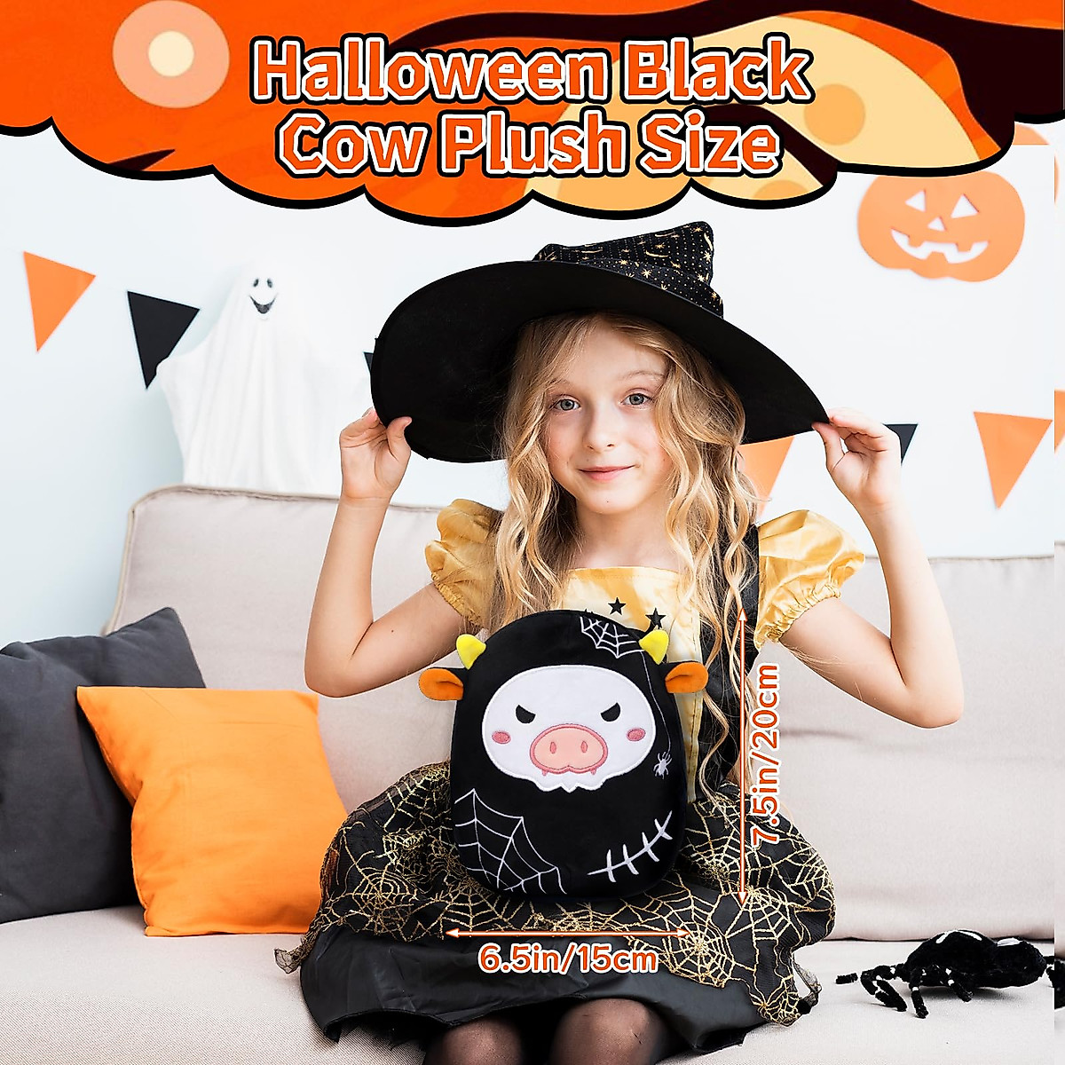 QAUJERY Cow Plush, Cute Cow Stuffed Animal, 7.5Inch Black Cow Plushie with Spider Web, Soft Cow Plush Pillow Toys, Great Birthday for Kids Home Decoration