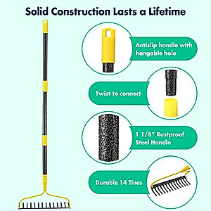 Garden Rake,72 Inch Long 14 Inch Wide Heavy Duty 14 Tines Metal Bow Rake for Lawn,Hard Landscape Cultivator Garden Rake with Adjustable Steel Handle for Loosening Soil Leveling Mulch Gathering Leaf