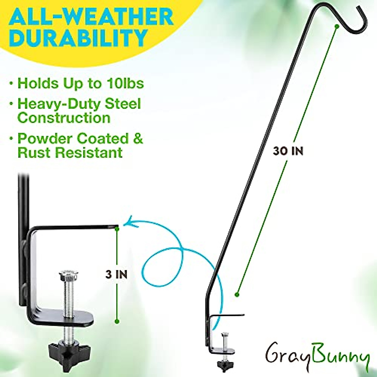 Heavy Duty Deck Hook, Black, 3 Inch Clamp, For Bird Feeders, Planters, Suet Baskets, Lanterns, Wind Chimes and More!