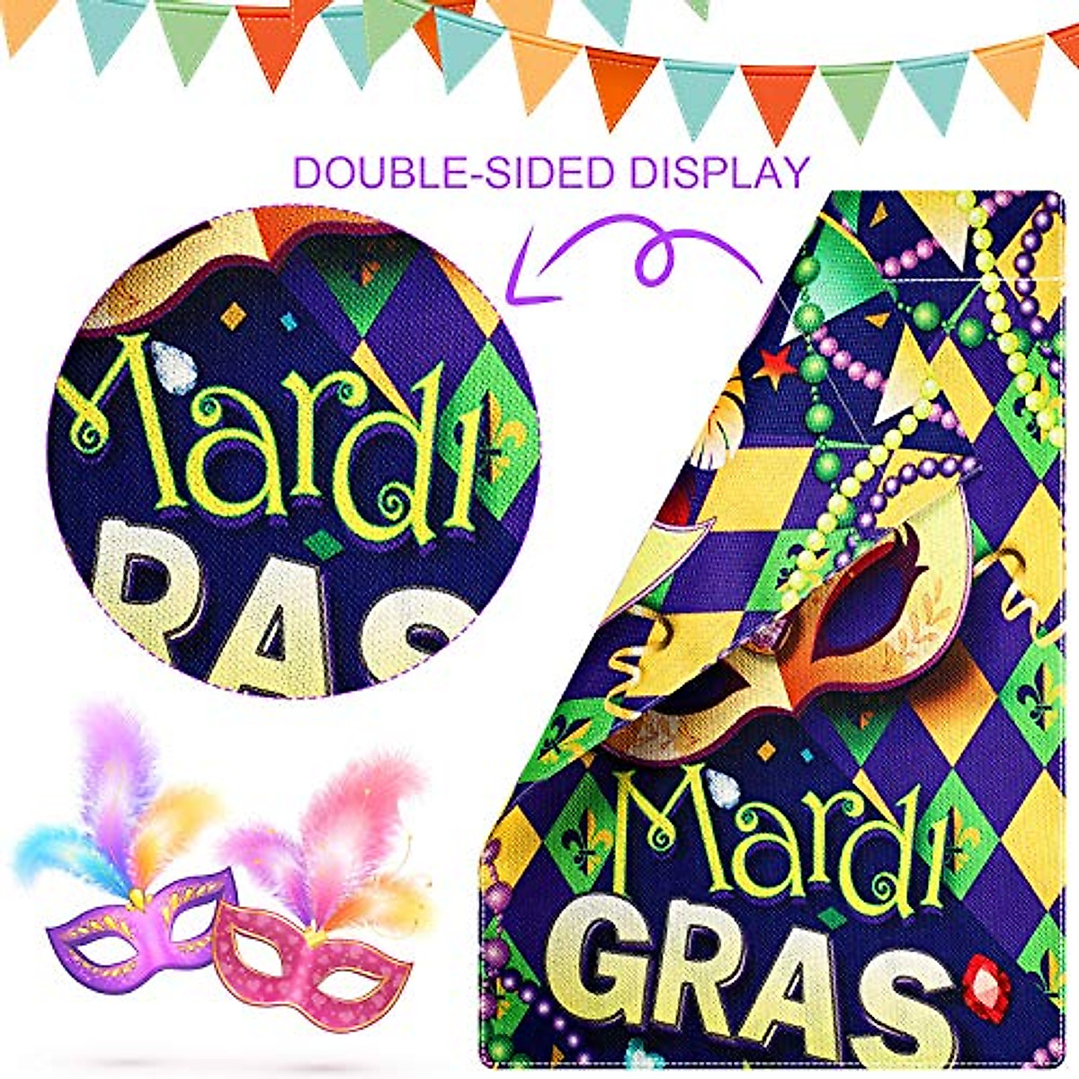Mardi Gras Garden Flag Double Sided Holiday Decorative Garden Flag Masquerading Beads Yard Flag Fleur De Lis Party Signs Holiday Yard Outdoor Decoration for Mardi Gras(12.5 x 18 Inch)