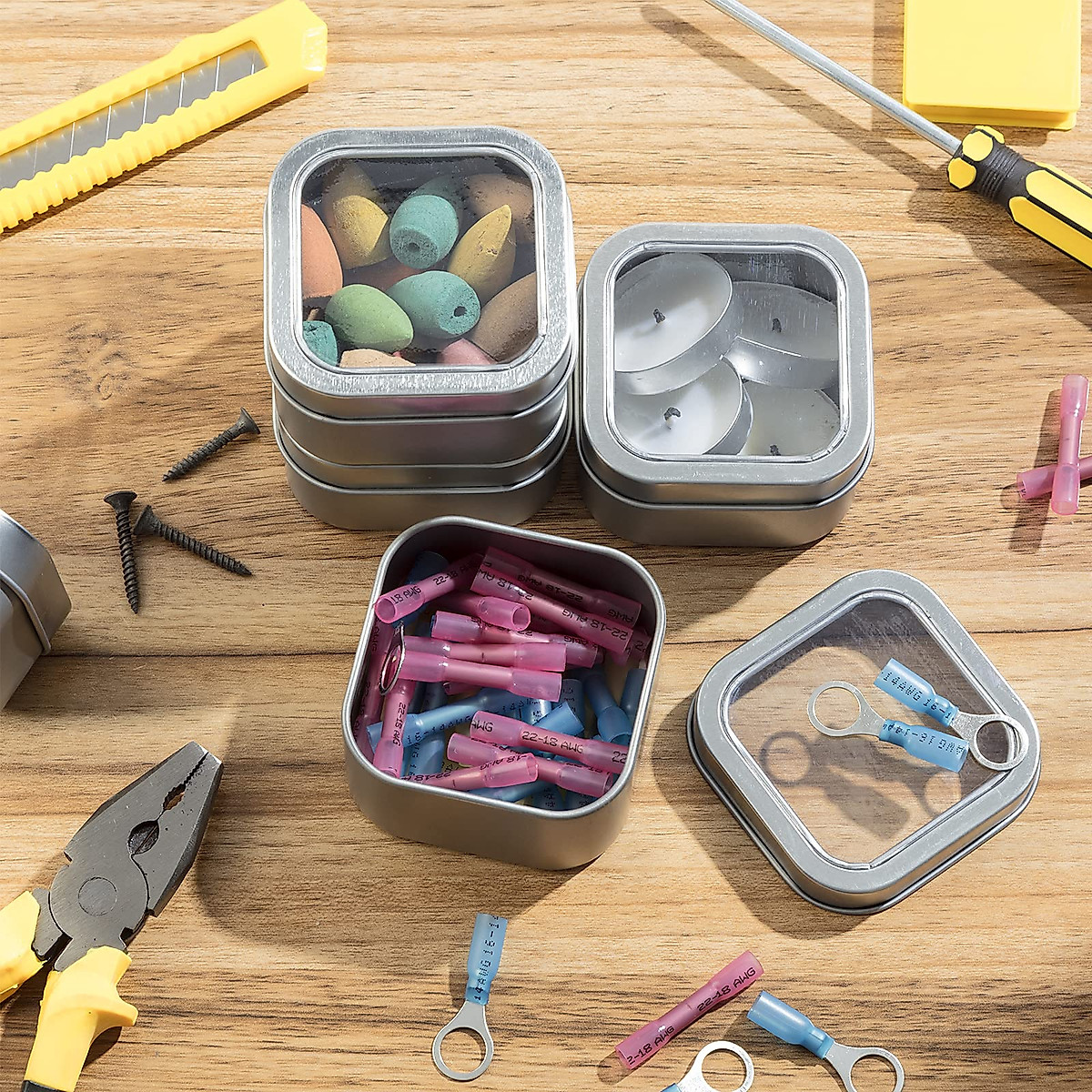 Square Metal Tins with Window Lids,15-Pack Empty Square Silver Tins for Candle Making, Candies, Gifts & Treasures (8 OZ)