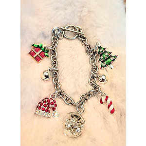 Christmas Tree Charm Bracelet with Snow Globe Present Candy Cane Santa Claus Hat Jingle Bells