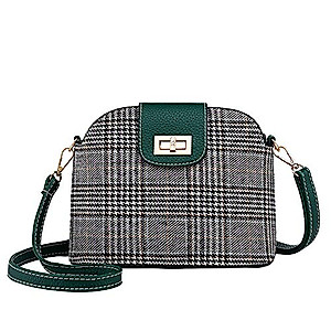 Mn&Sue Elegant Women's Plaid Tweed Fabric Shoulder Handbag Satchel Shell Shape Lady Purse Evening Bag (Style A Green)