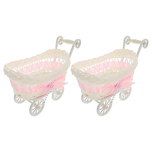 ARTIBETTER 2pcs Wicker Stroller Rattan Woven Basket Candy Snacks Goodie Treat Cart for Shower Centerpieces Decoration Pink