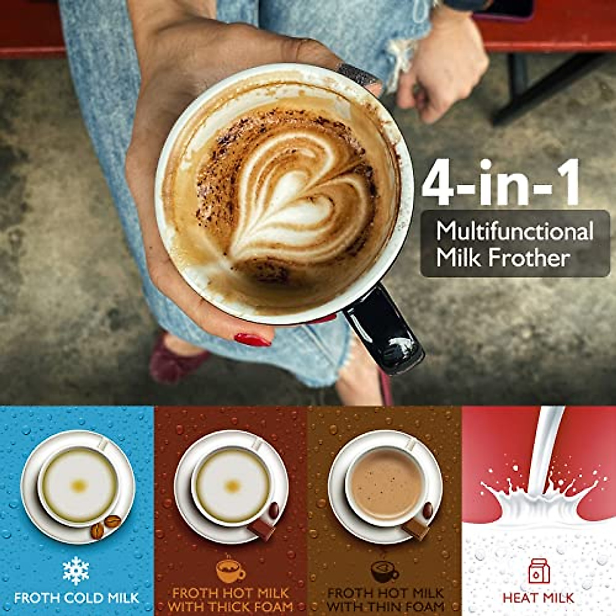 Milk Frother and Steamer, FENNICA 4-in-1 Electric Coffee Frother, Hot and Cold Milk Steamer with Spatula & 4 Whisks, Auto Shut-Off for Latte, Cappuccino, Macchiato