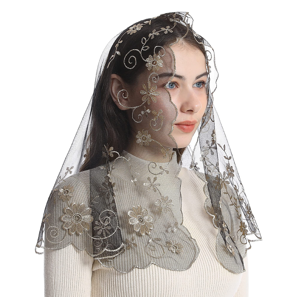 Bozidol Catholic Church Mass Veil Spanish Chapel Lace Mantilla Veil First Communion Head Covering for Girls (Black-Gold)