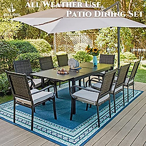 HERA'S HOUSE 9 Pieces Wicker Patio Dining Set, 8 x Rattan Dining Chair, 1 x Extendable Metal Dining Table, All Weather Resistant Outdoor Furniture Set for 8 for Lawn Garden Backyard