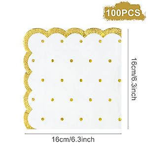 100 Pack White Scalloped Napkins with Gold Foil Edges and Dots for Wedding, Bridal, Baby Shower, Christening, any Occassion, Dinner Luncheon (3-Ply, 6.3 x 6.3 In)