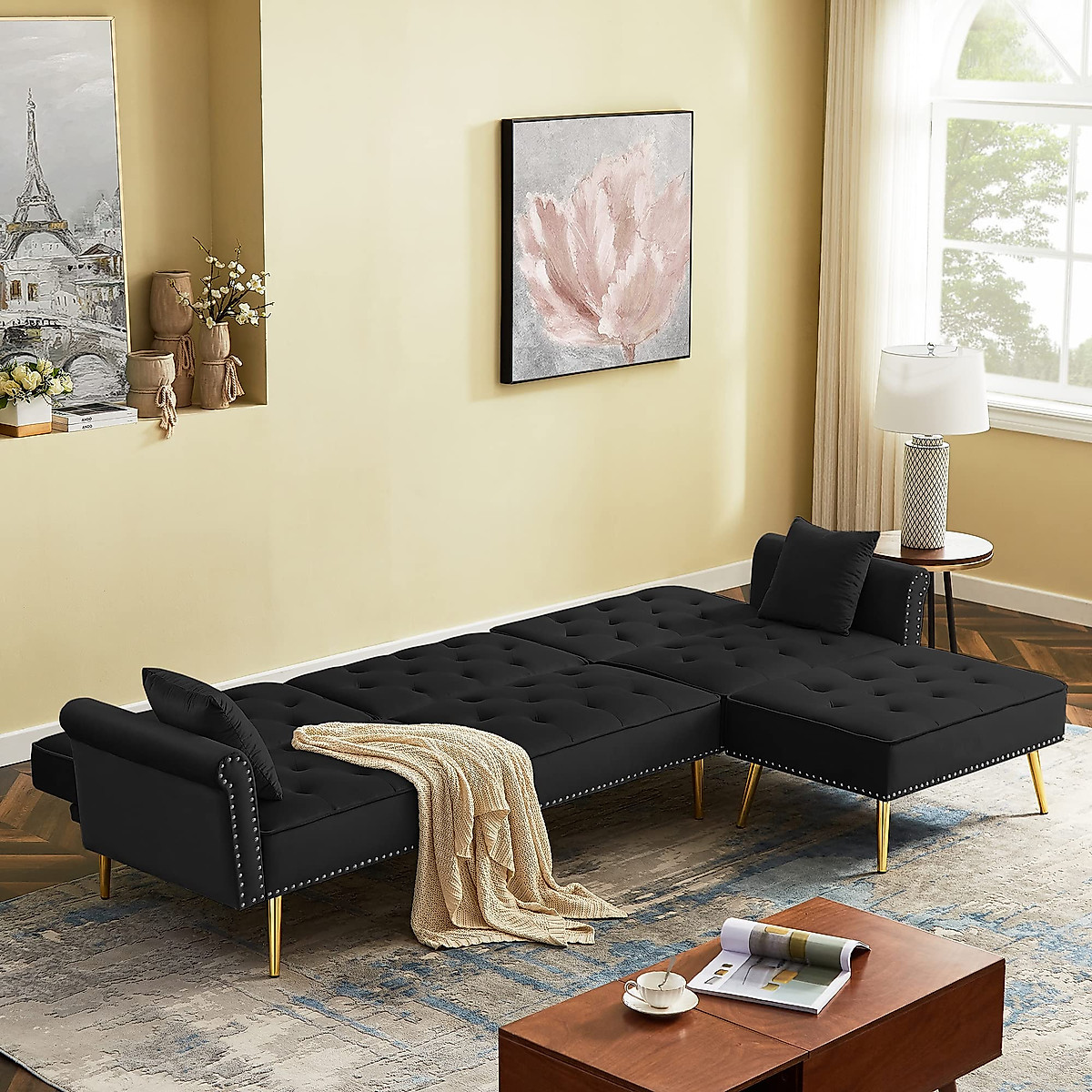Zushule Convertible Sectional Couch with Chaise Lounge for Living Room, Comfy Velvet Fabric L-Shaped Reversible Reclining Sofa with 3 Seats and Pillows (Black with Golden Leg)