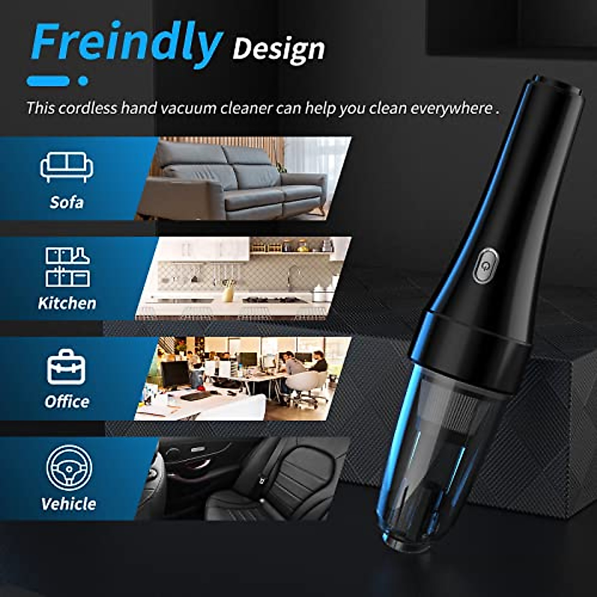 CAMFUN Mini Handheld Car Vacuum Cordless, Upgrade Version Air Duster and Inflation 3 in 1, Rechargeable with Strong Suction for Pet Hair, Home and Car Cleaning, Model GV01, Black