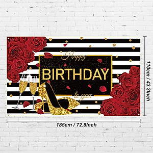 Women Birthday Decorations Happy Birthday Backdrop Photography Background Red Rose Birthday Party Decor Gold High Heels Champagne Glass Banner for 30th 40th 50th 60th Party Supplies, 6 x 3.6 ft